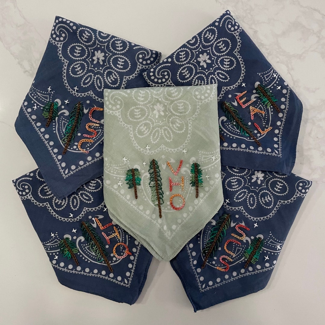 Hand Embroidered Bandana | Trees and Campfire Initials | Customization ...