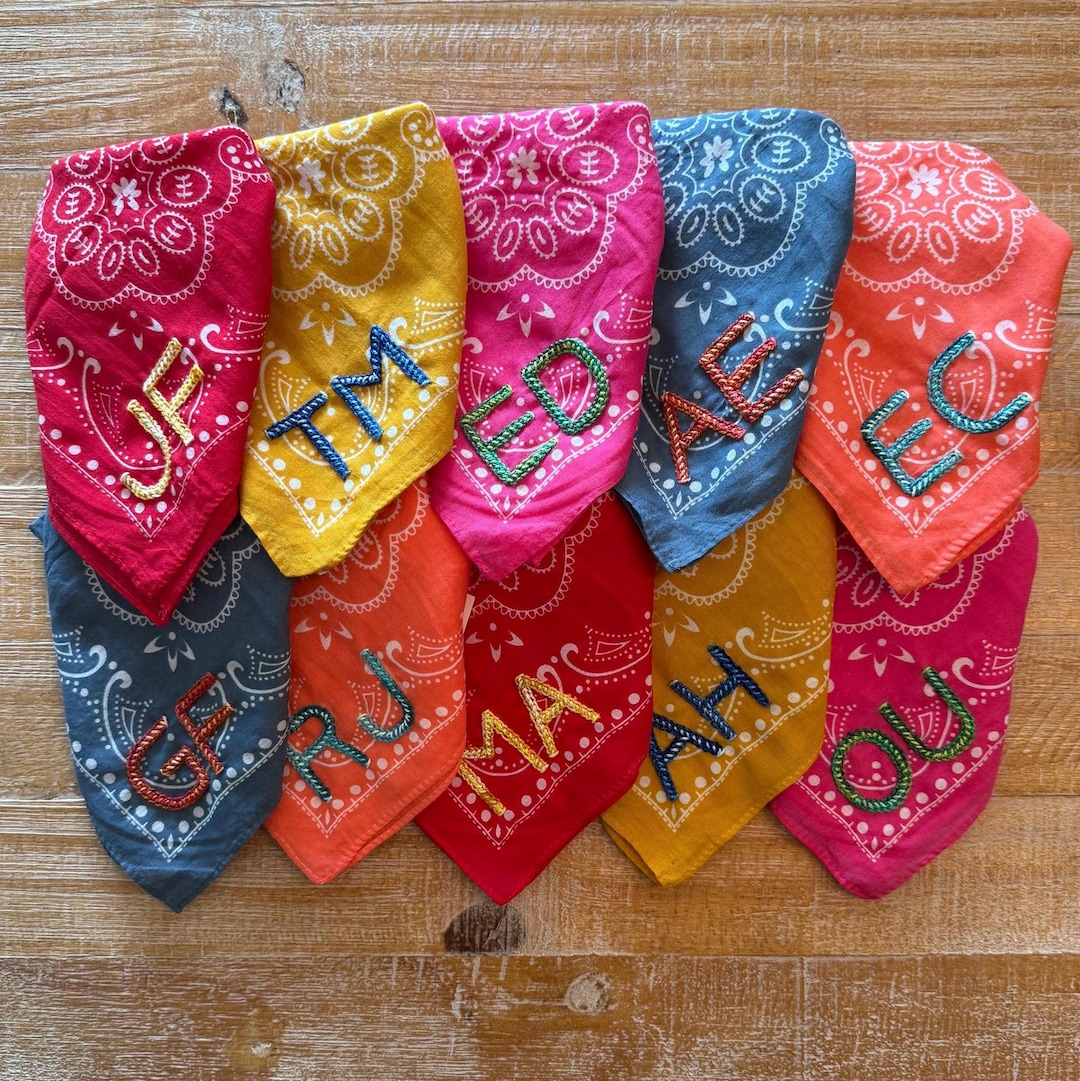 Double Chain Stitch Hand Embroidered Cotton Bandana | Custom Initials ...