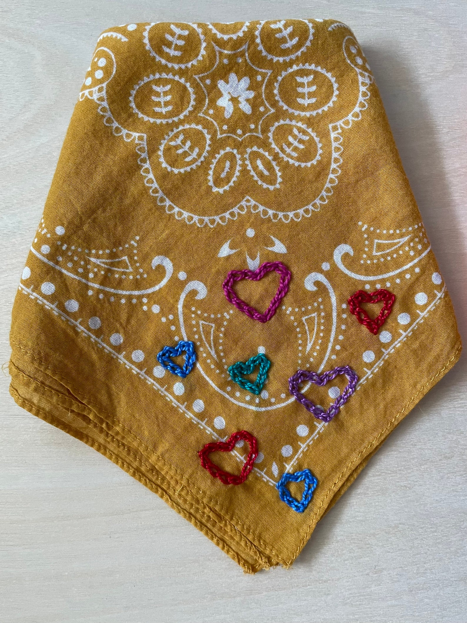 Hand Embroidered Bandana Hearts Necktie, Hatband or Face Mask ...