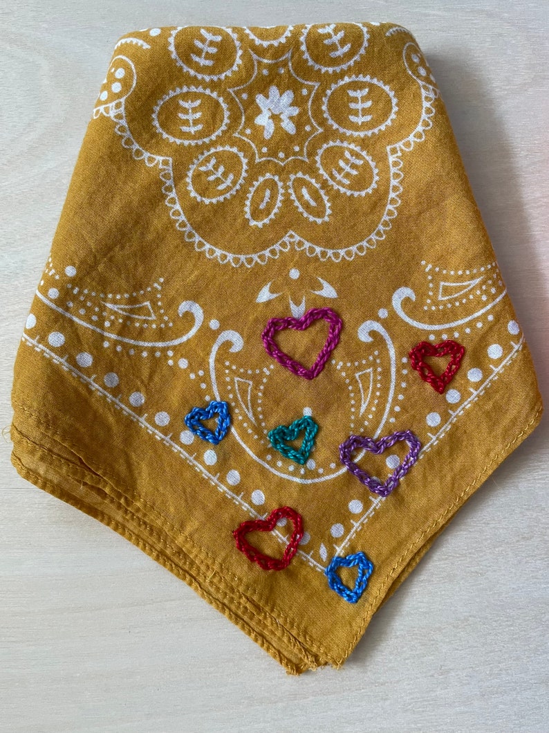 Hand Embroidered Bandana Hearts Necktie, Hatband or Face Mask ...