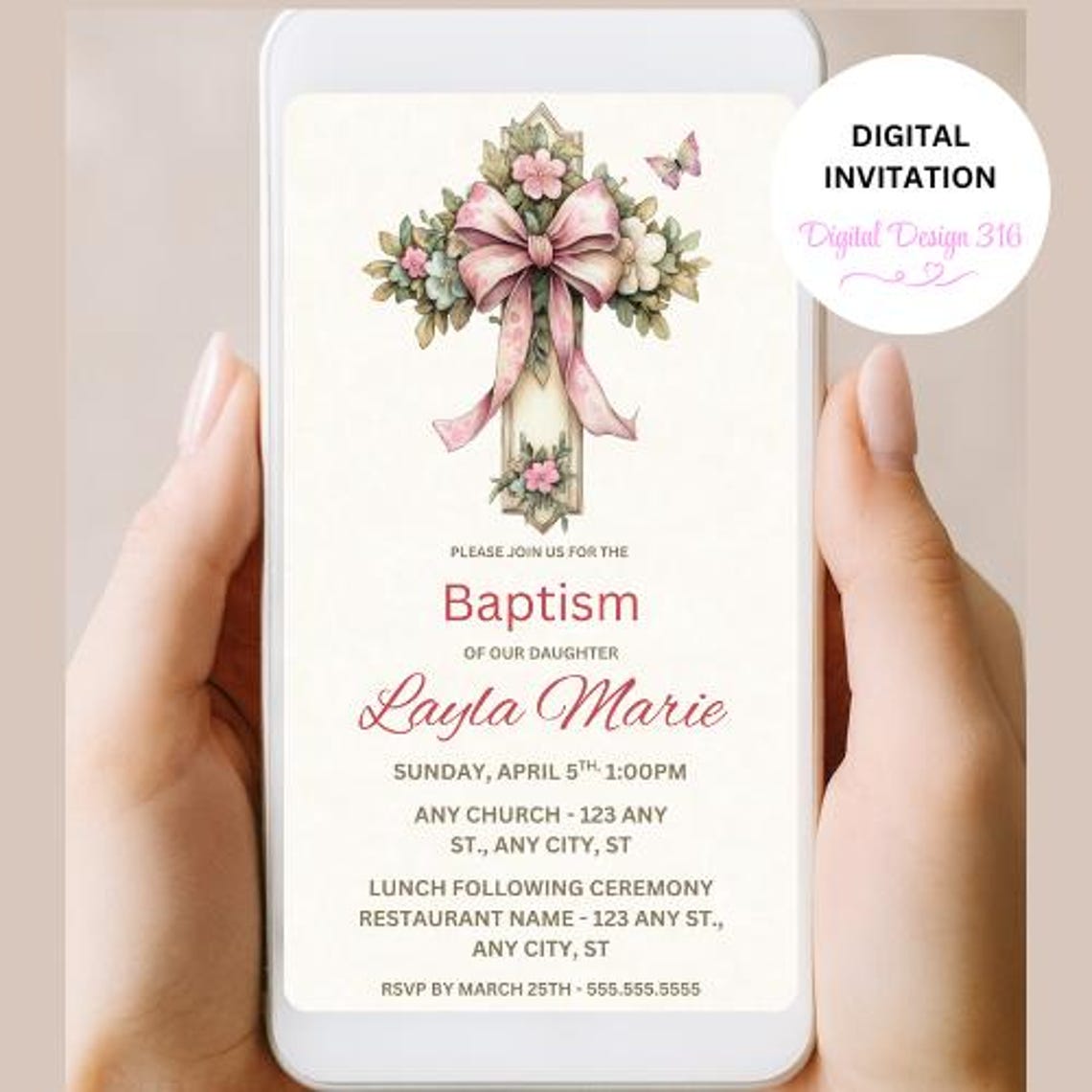 Editable Baptism Invitation Template | Pink Floral Cross With Bow ...