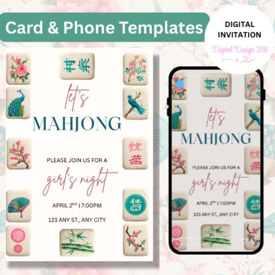 Teal & Pink Mahjong Invitation | Mahjong Girls Night Invite | Asian ...