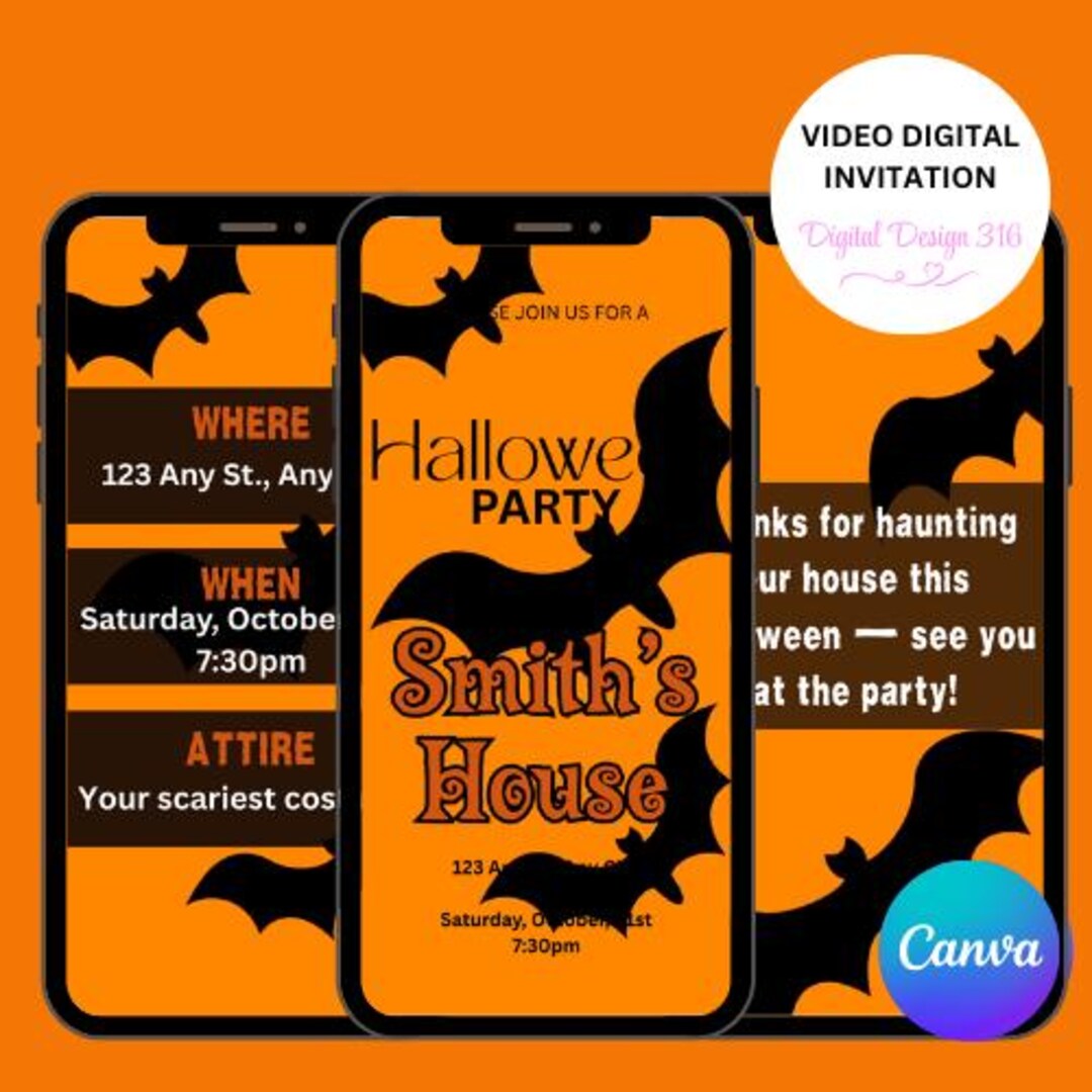 Flying Bats Halloween Phone Invitation – Orange & Black Digital Video ...