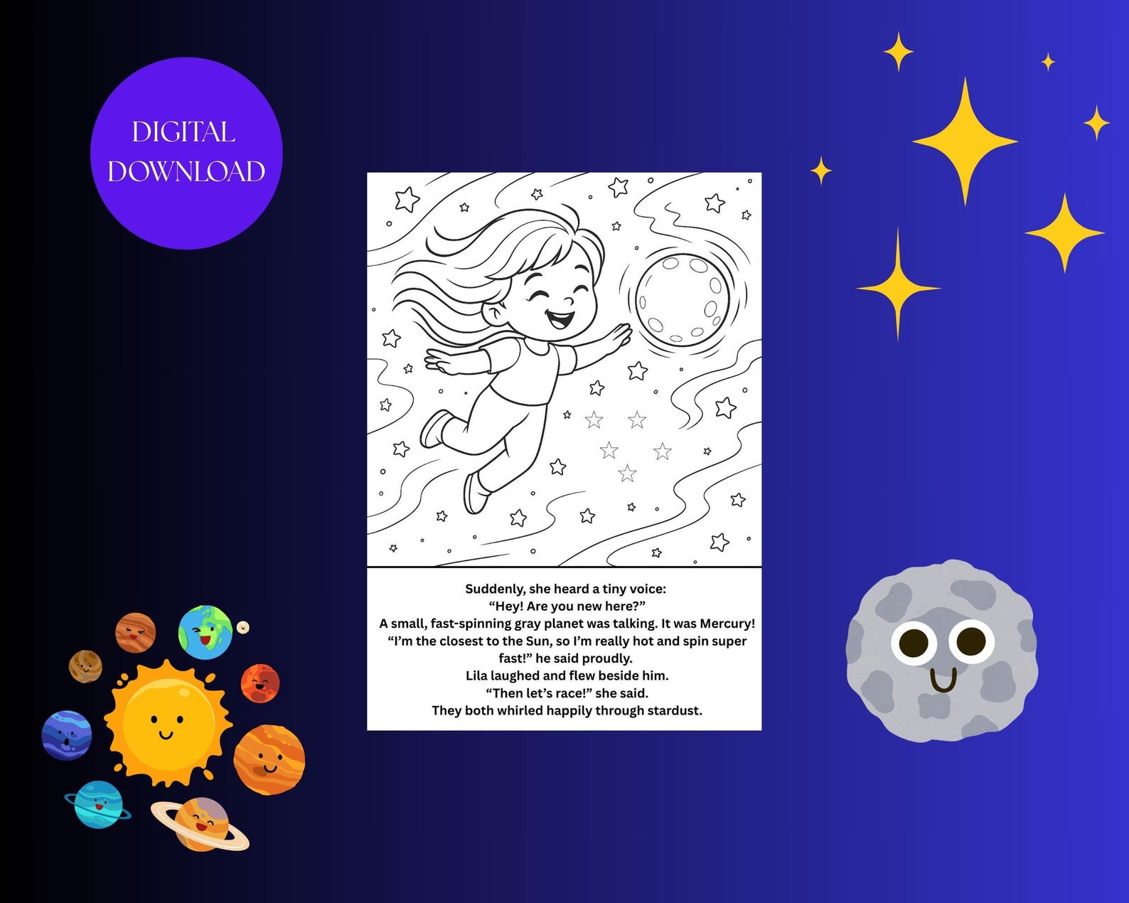 Printable Space Coloring Story: Lila's Solar System Adventure (ages 3-6 ...