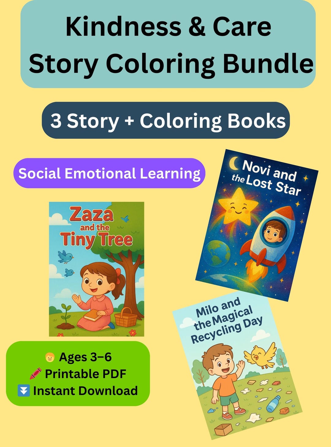 Kindness & Care Story Coloring Bundle for Kids | 3 Printable SEL Story ...