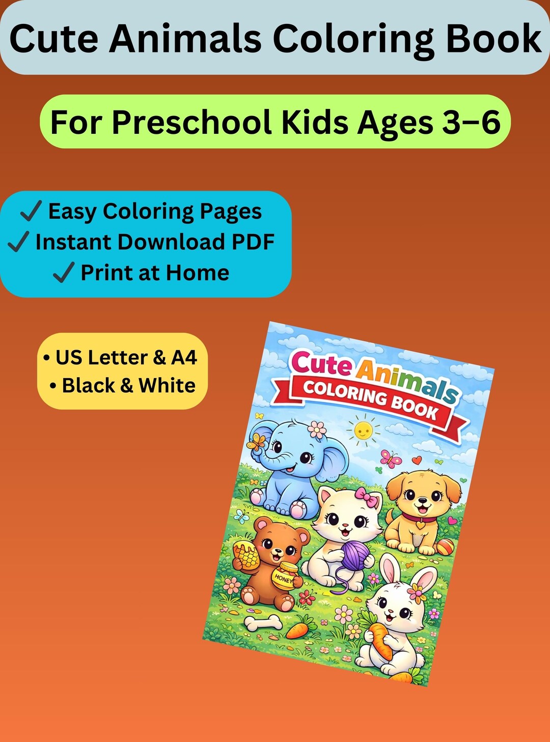 Cute Animals Coloring Book for Kids Ages 3–6 | Easy Preschool Animal ...