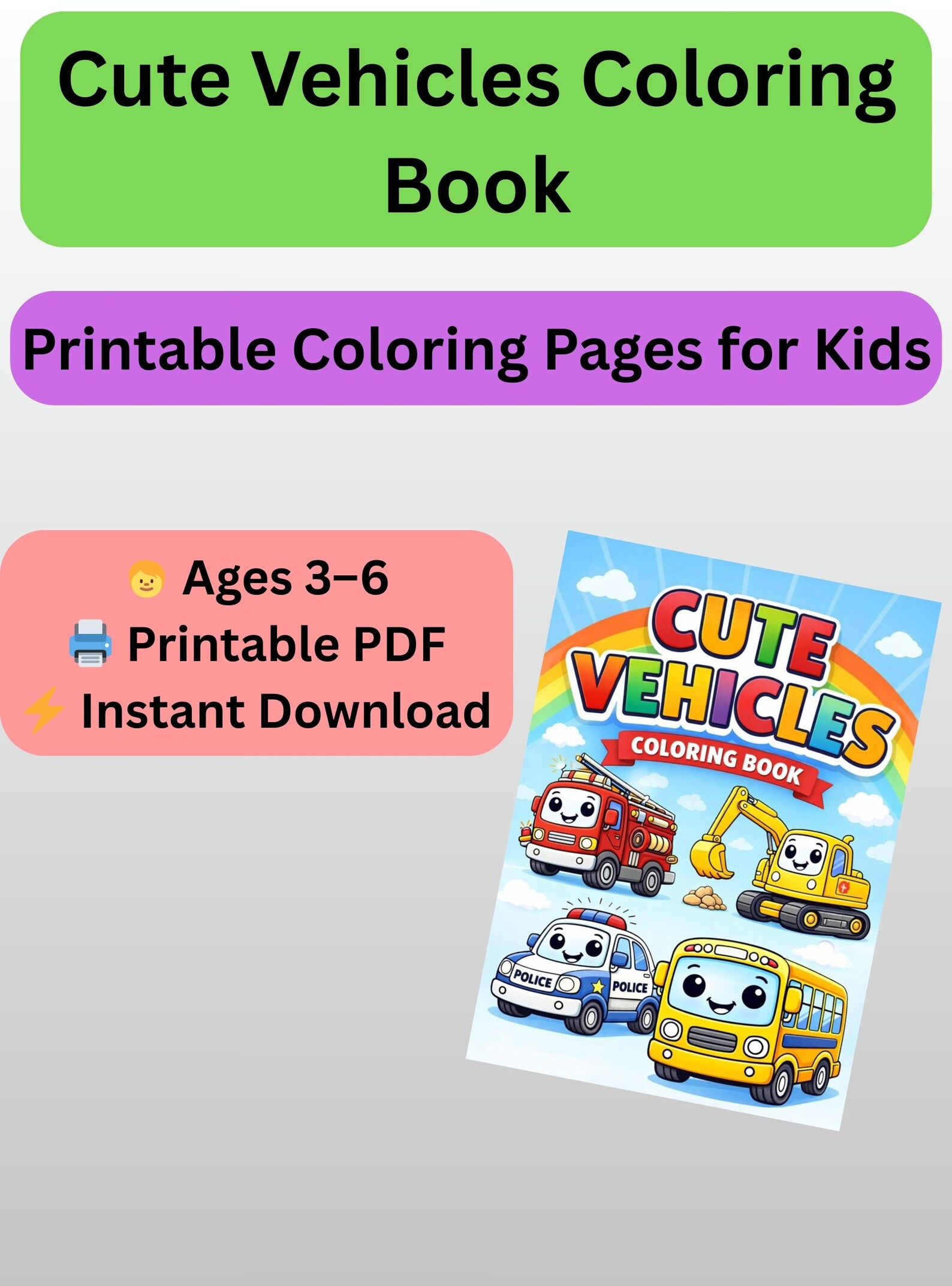 Cute Vehicles Coloring Book for Kids, Printable Car Truck Bus Coloring ...