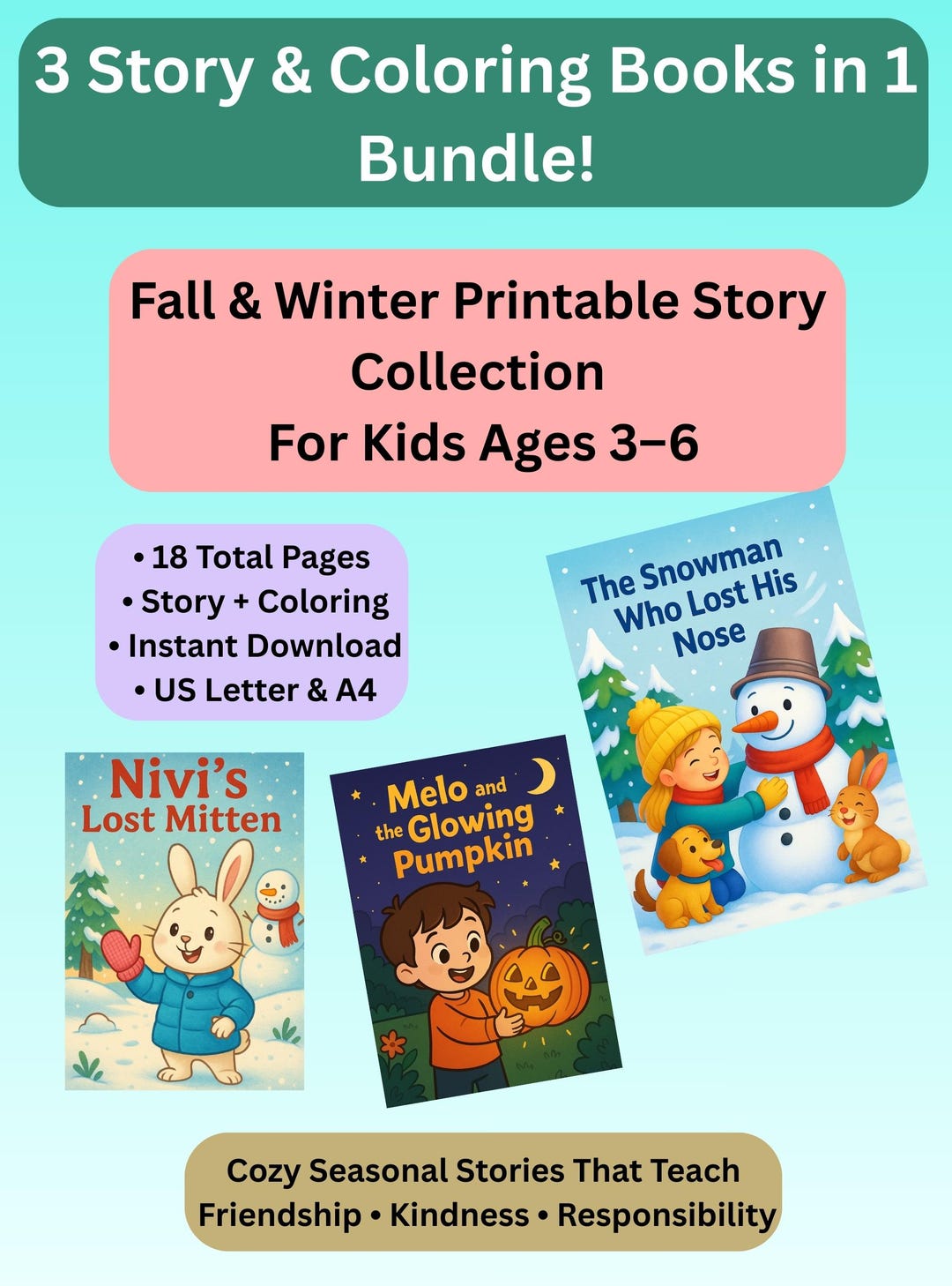 Fall & Winter Storybook Bundle Printable PDF | 3 Kids Story and ...