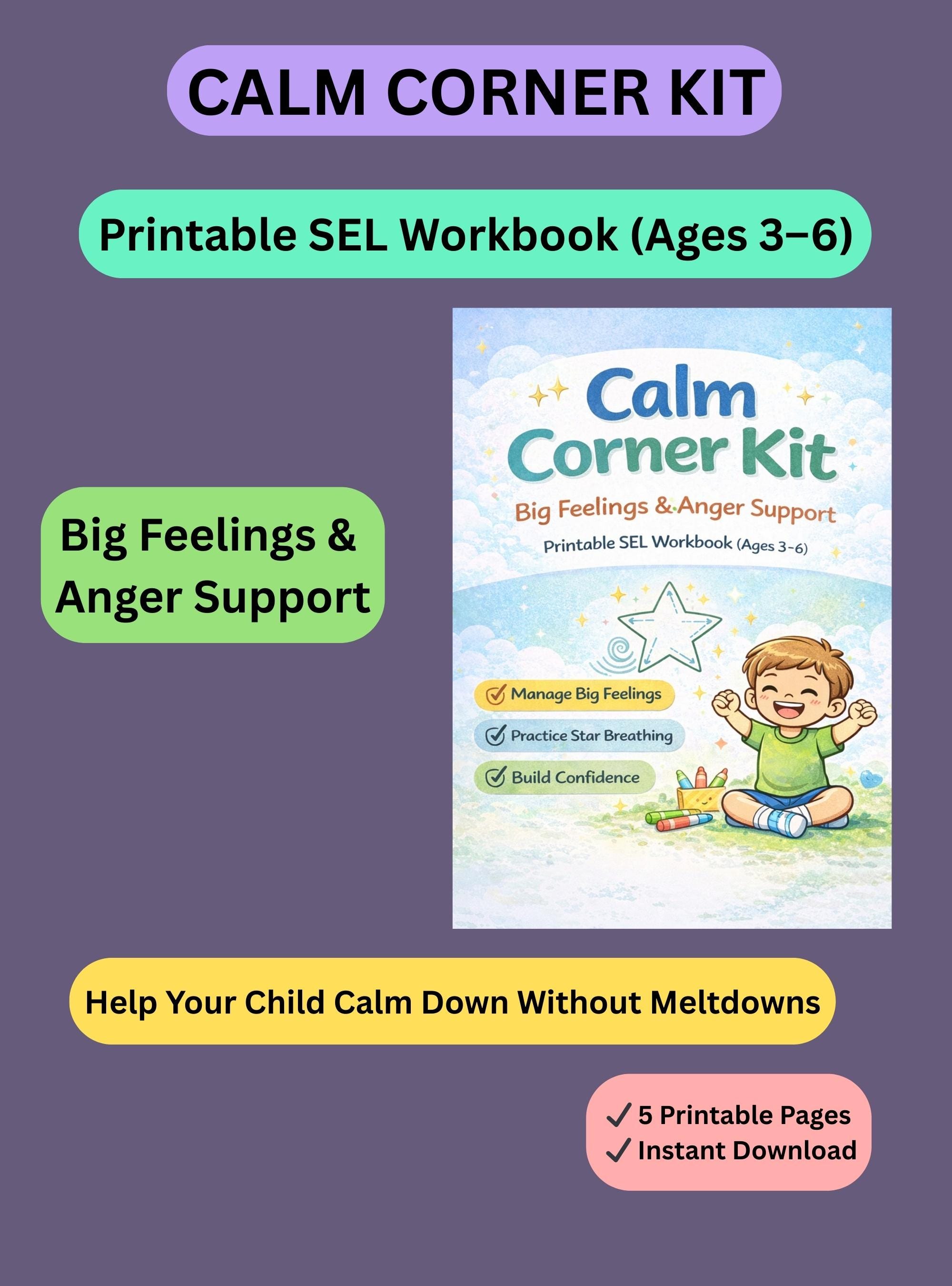 Calm Corner Kit Printable | Anger Management & Big Feelings Workbook ...
