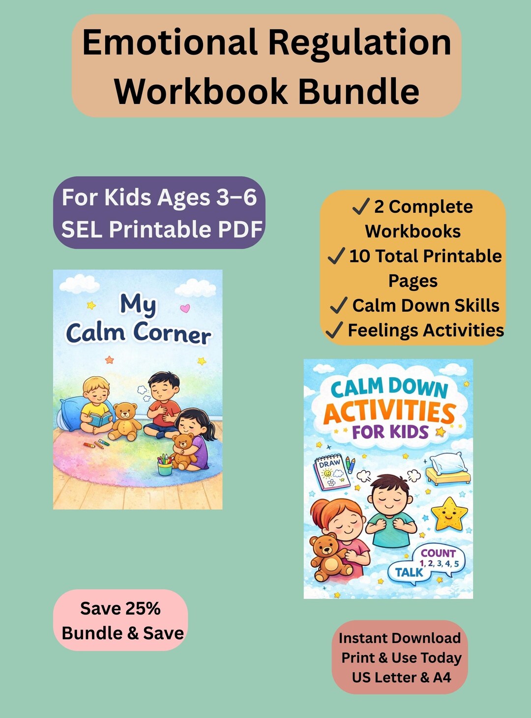 Calm Down & Feelings Workbook Bundle for Kids Ages 3-6 | Emotional ...
