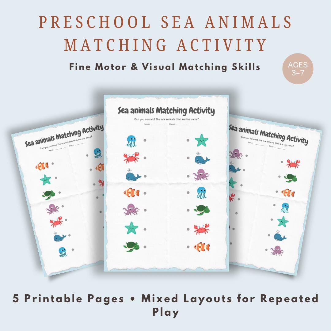 Sea Animals Matching Activity | Preschool Printable Worksheet | Ocean ...
