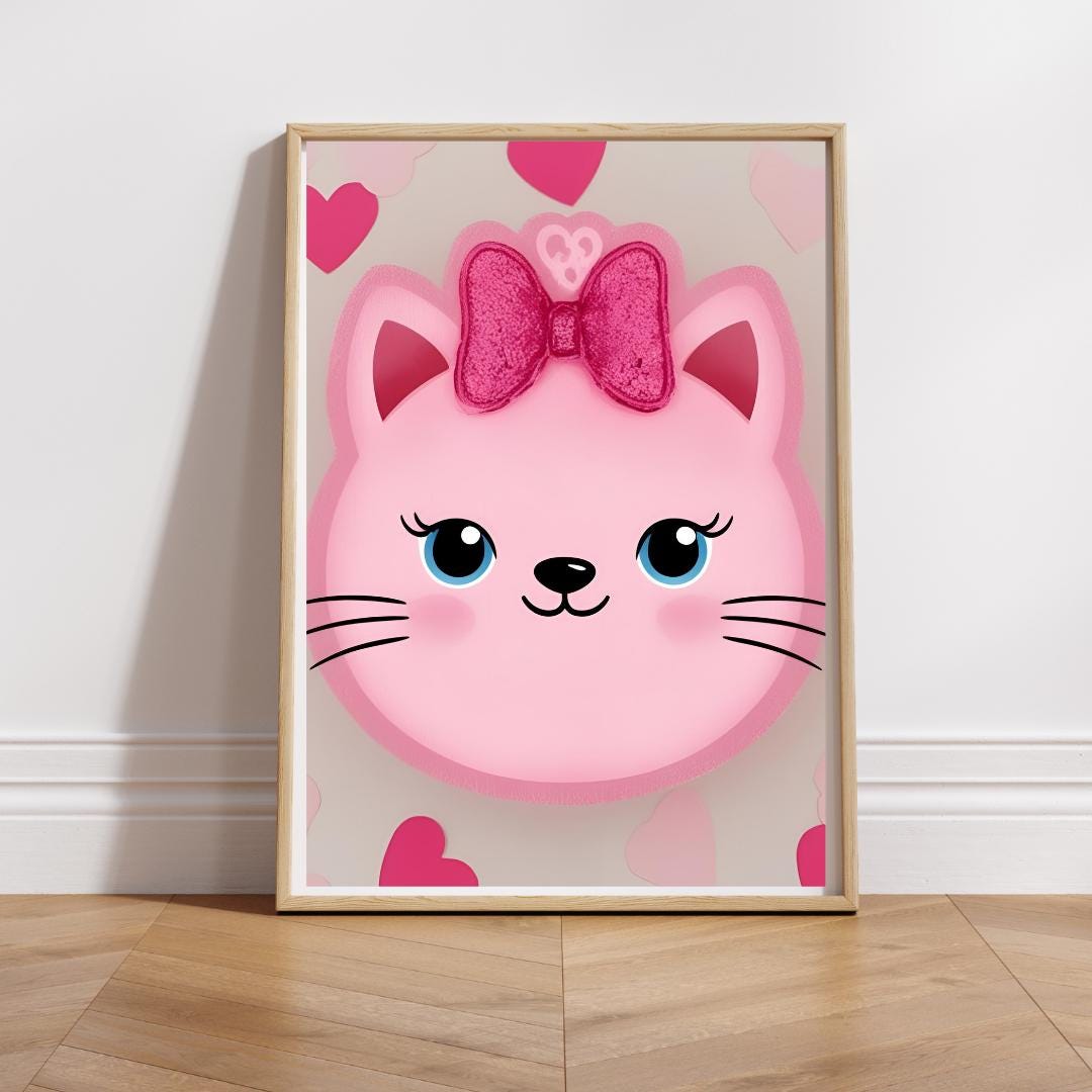 Kawaii Pink Cat Wall Art – Cute Kitty Print – Girls Room Decor – Pastel ...