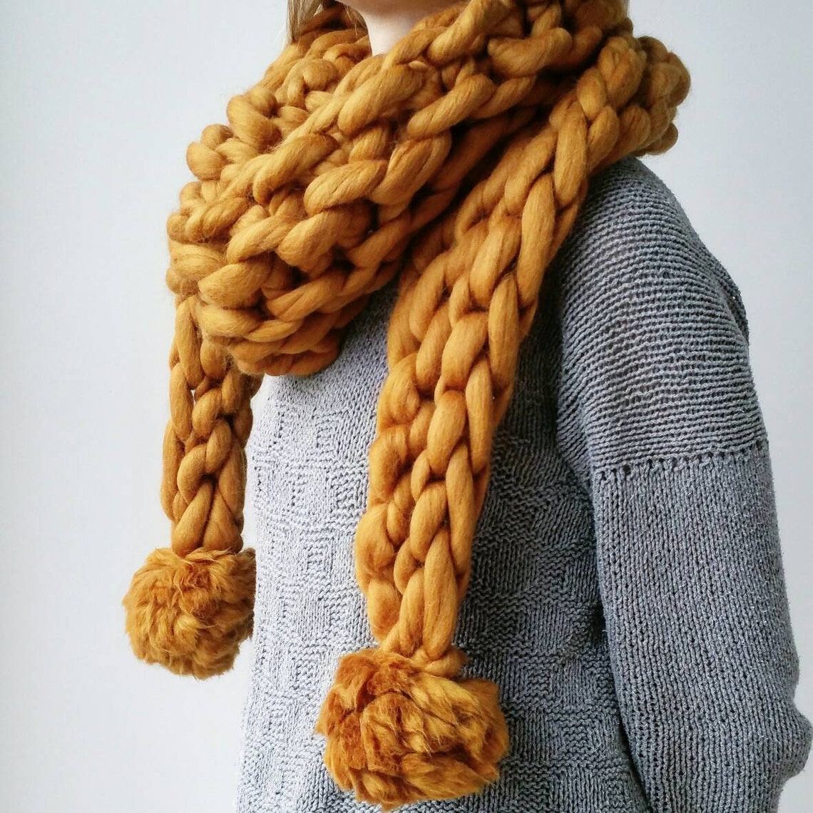 Knit Scarf Chunky Triangle Pompom Snood - Etsy