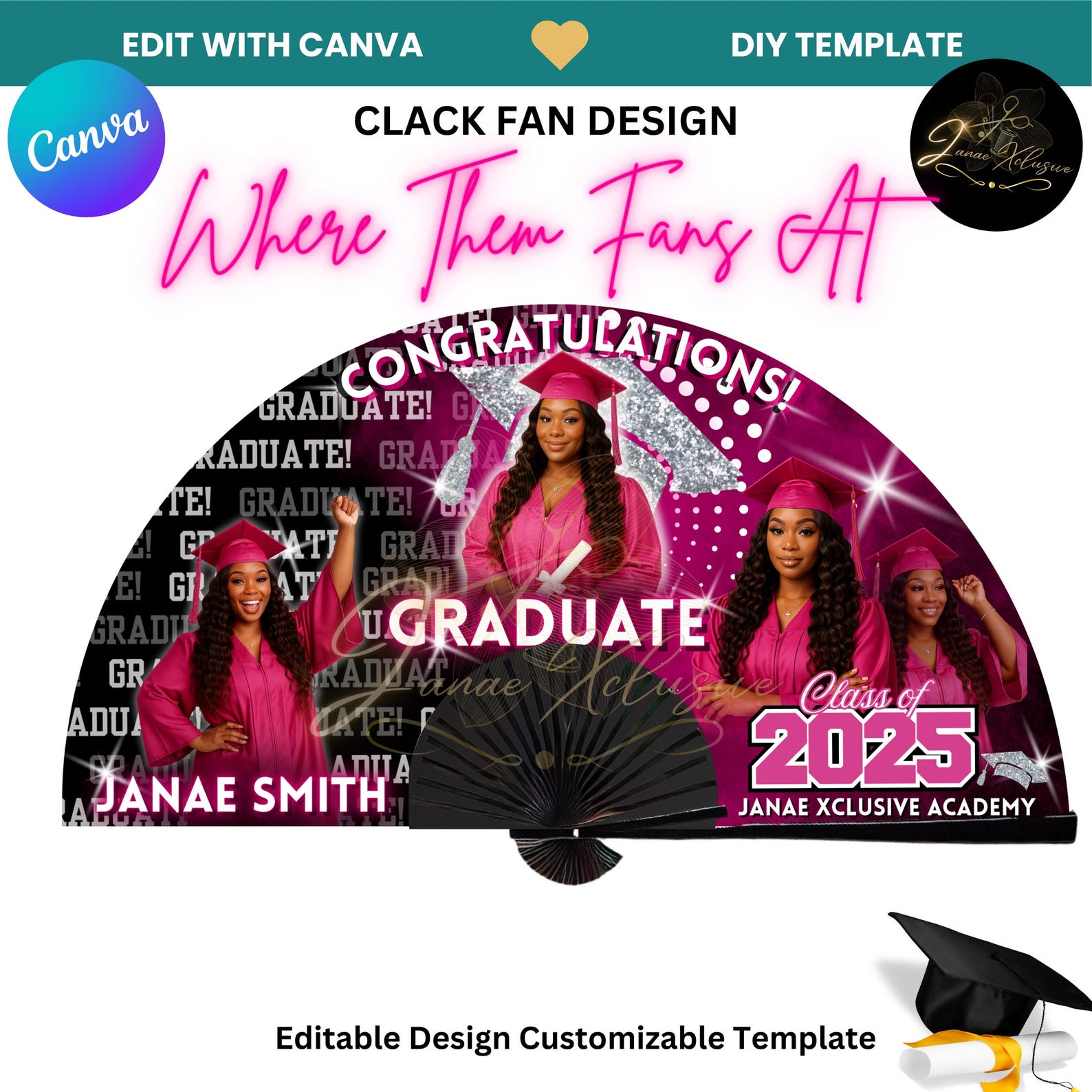 Graduation Clack Hand Fan Template 2025: Editable DIY Design (canva ...