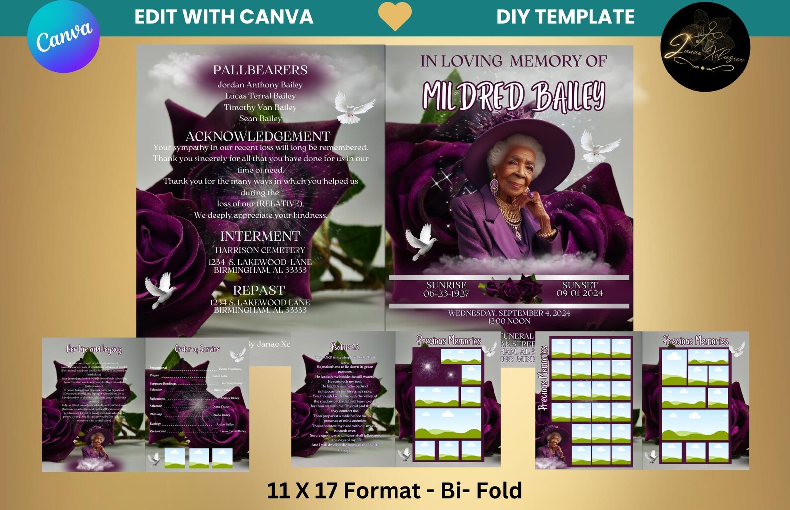 Plum 8 Page Funeral Program Template, Canva Funeral Template Printable ...
