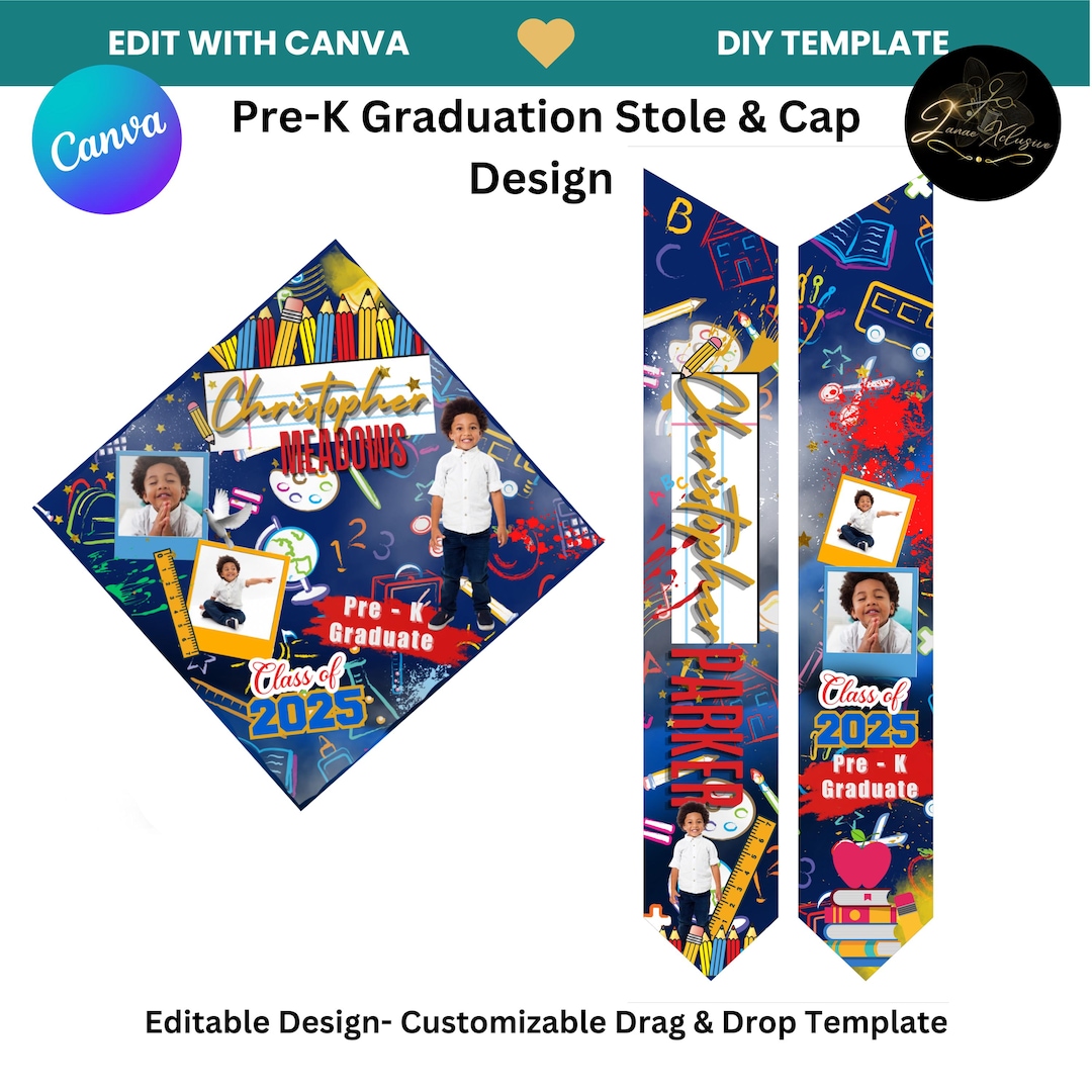 Pre-k Graduation Stole & Cap Topper: Canva Editable Template - Etsy