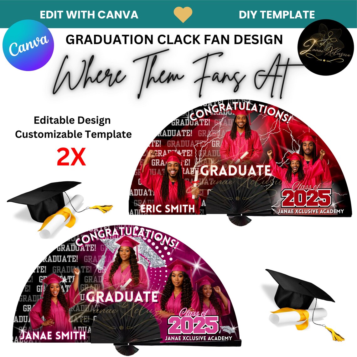 Graduation Clack Hand Fan Template 2025: Editable DIY Design (canva ...