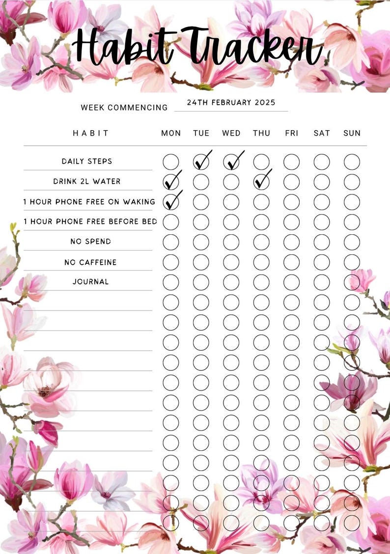 Customisable Printable Habit Tracker, Pink Floral Design, Cute Habit ...