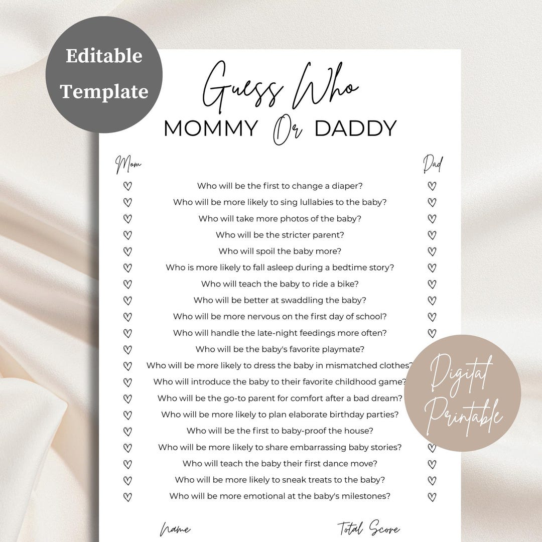 Guess Who Mommy or Daddy Printable Mam or Dad Baby Shower Questions ...