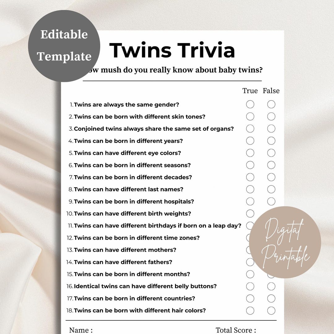 Twins Trivia Printable Game for Baby Shower – True or False Quiz – Fun ...