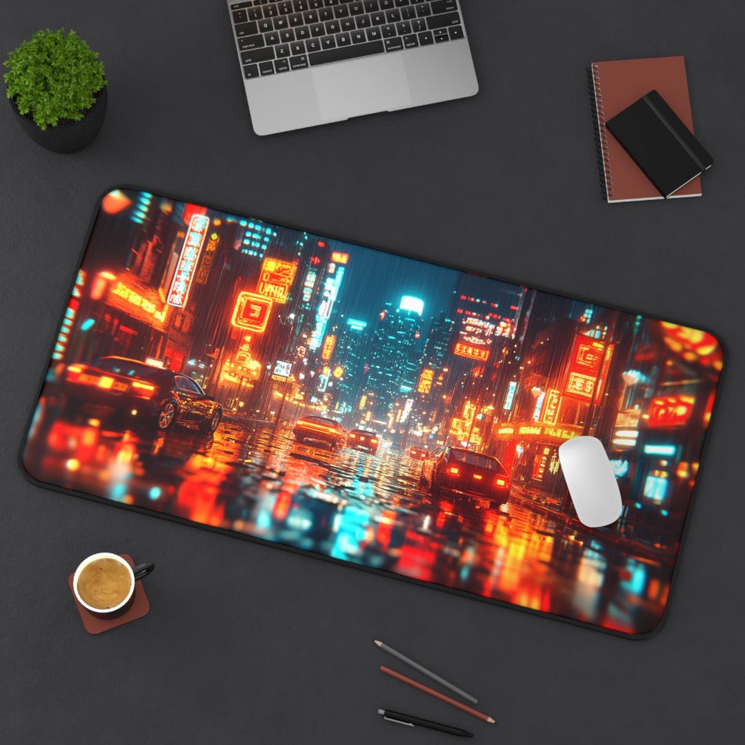 Neon Cyber City Desk Mat | Futuristic Rainy Streets, Glowing Neon ...