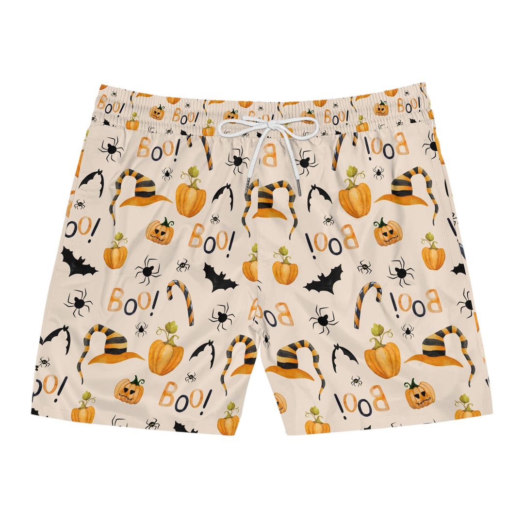 Halloween Swim Trunks: Men's Spooky Pumpkin & Bat Print Beach Shorts - Etsy
