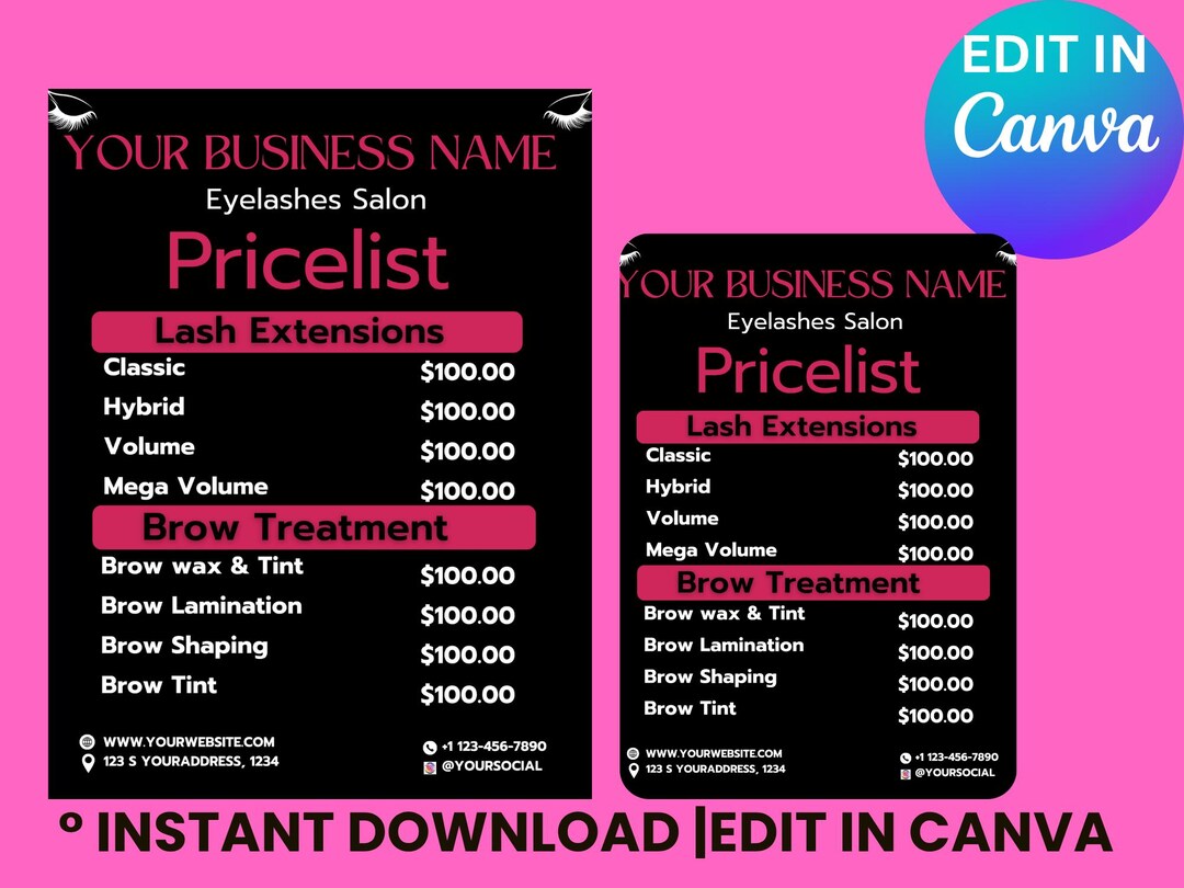 Editable Eyelashes | Brow Salon Price List Template | Edit in Canva ...
