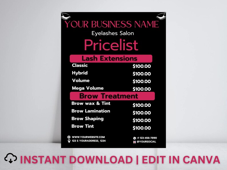Editable Eyelashes | Brow Salon Price List Template | Edit in Canva ...