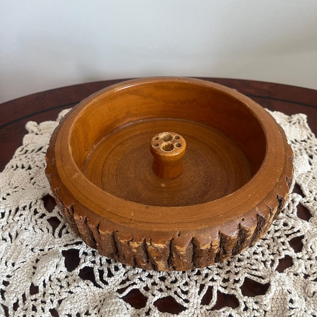 Vintage MCM Modern Wood Tree Bark Nut Cracker Bowl Live Edge 7 3/4 ...