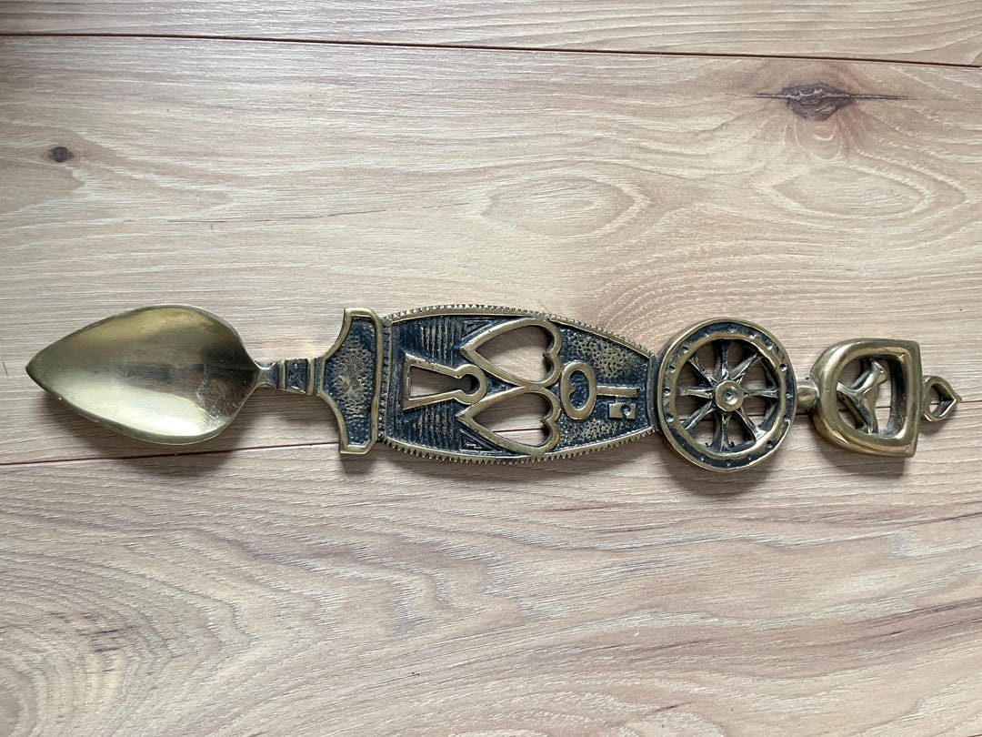Vintage Heavy 14.5” Hand Made Solid Brass Welsh Love/ Marriage Spoon ...
