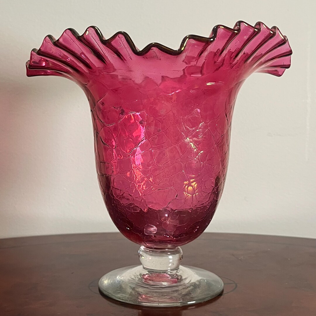 Vtg Blenko #487 Ruffled Pink and Clear Stem Crystal Crackle Glass Hand ...