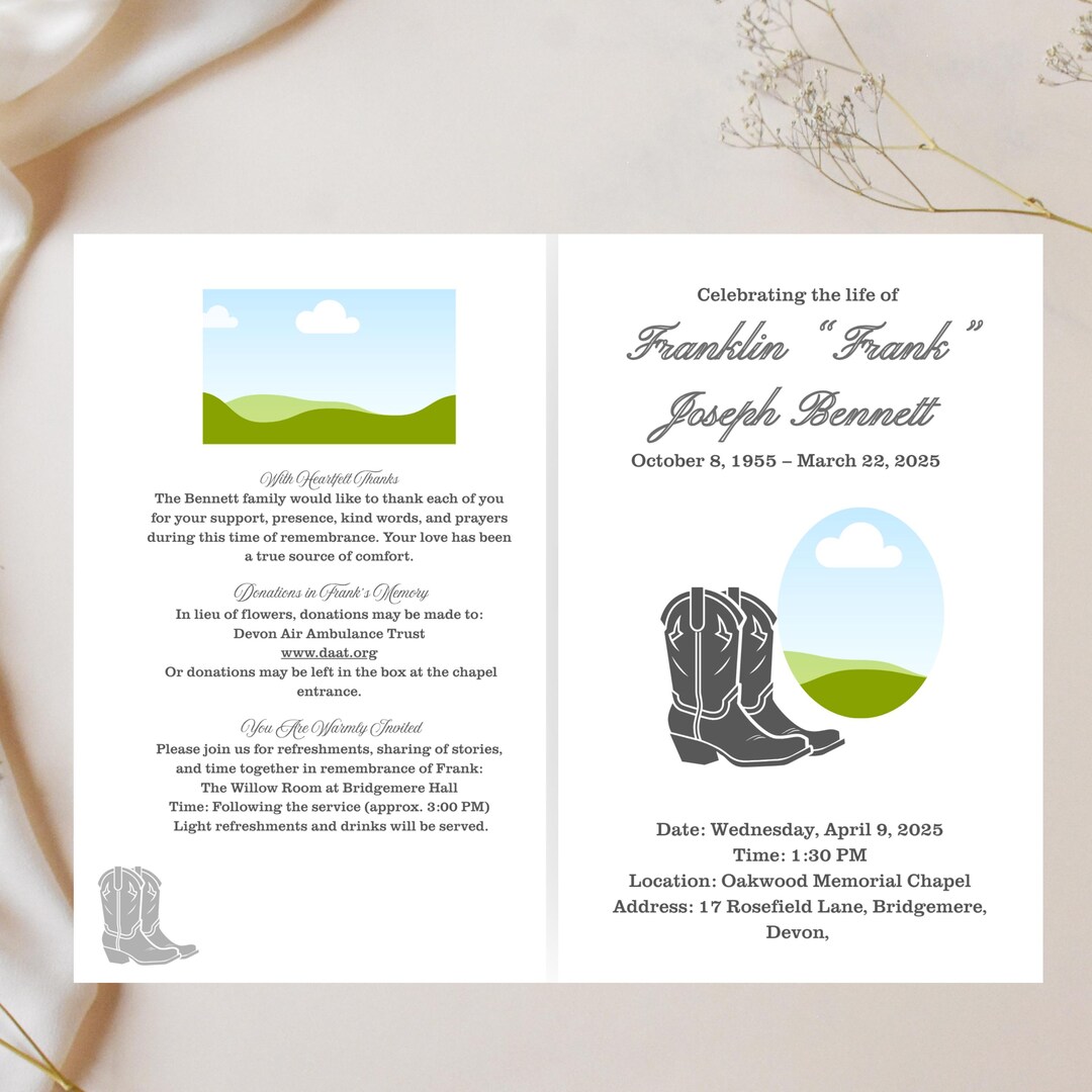 Editable Cowboy Cowgirl Funeral Program Template, Editable in Canva ...