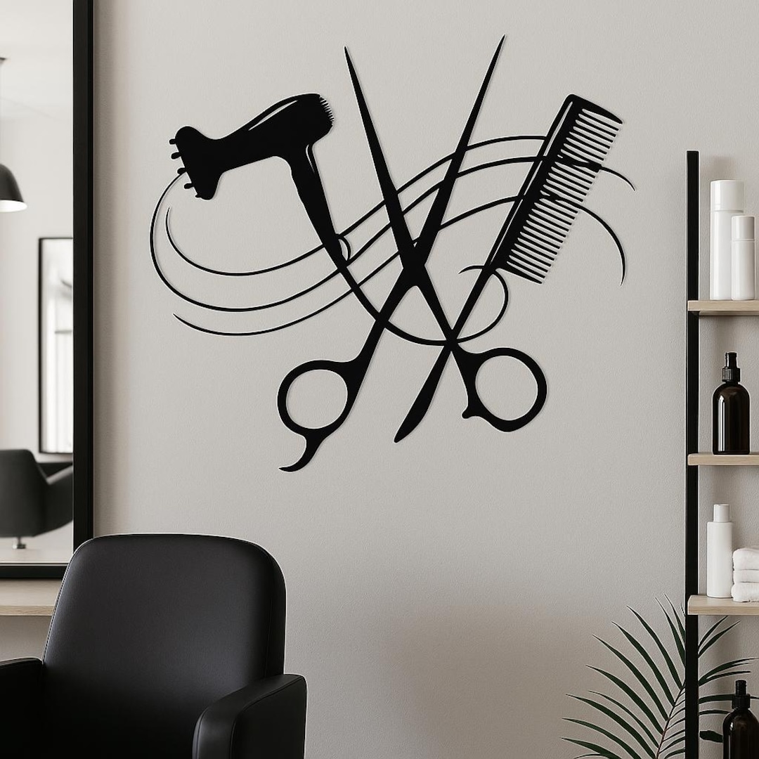 Hair Salon and Barber Shop Metal Wall Sign | Stylish Scissors, Comb and ...