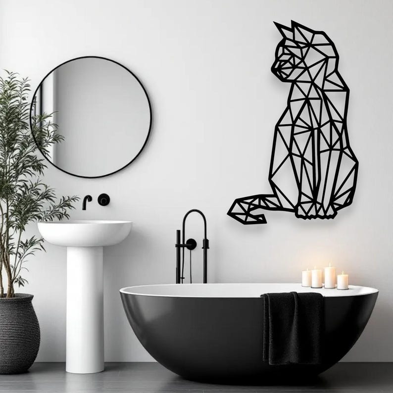 Geometric Cat Metal Wall Art – Polygon Cat Silhouette Decor – Modern ...