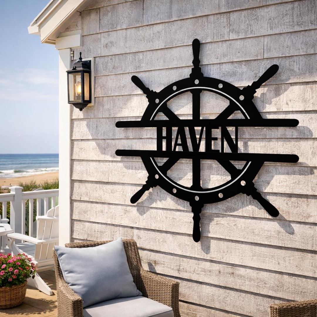 Custom Nautical Ship Wheel Metal Wall Art | Personalized Helm Name Sign ...