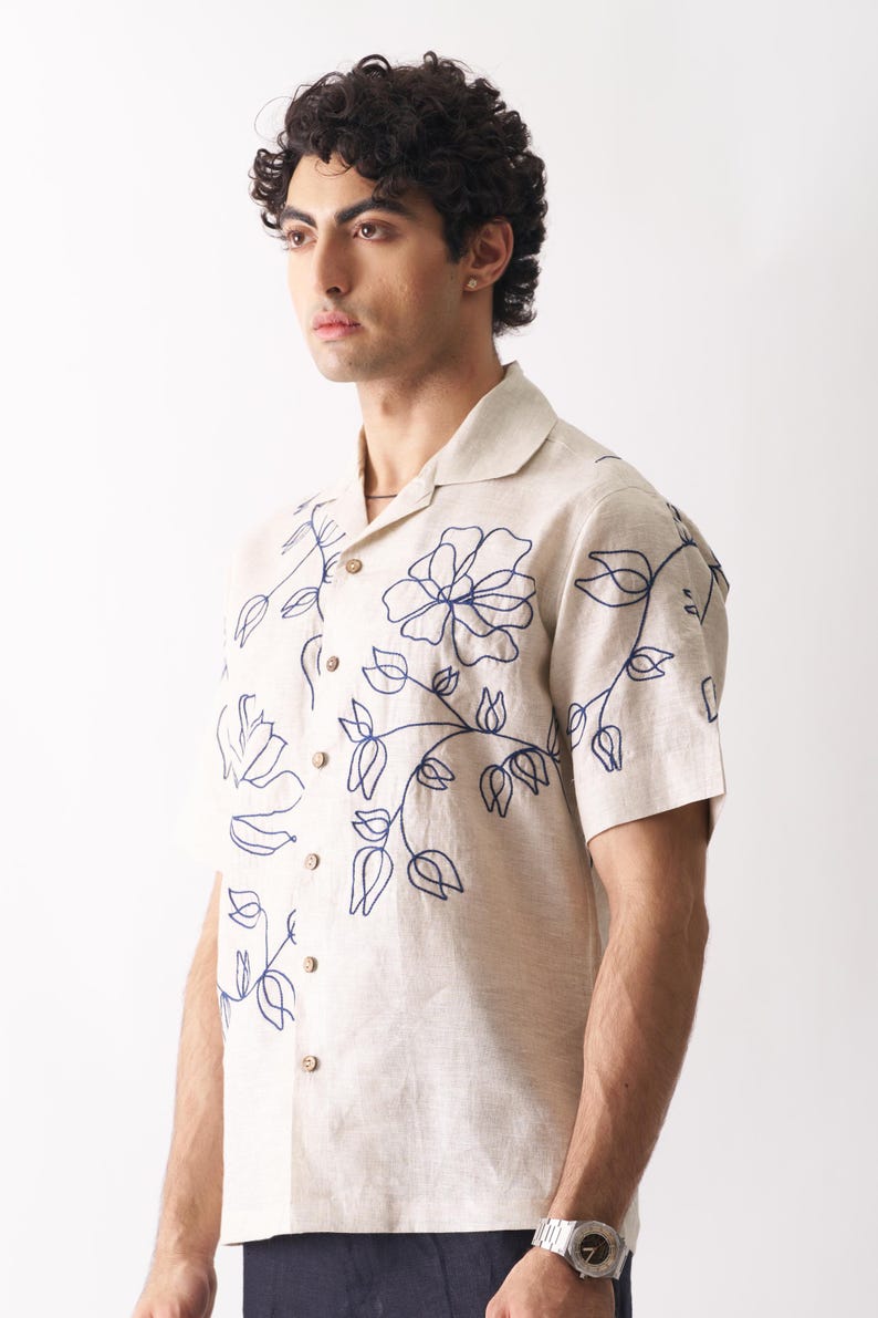 Handmade Floral Embroidered Linen Shirt – Artistic Botanical Design ...