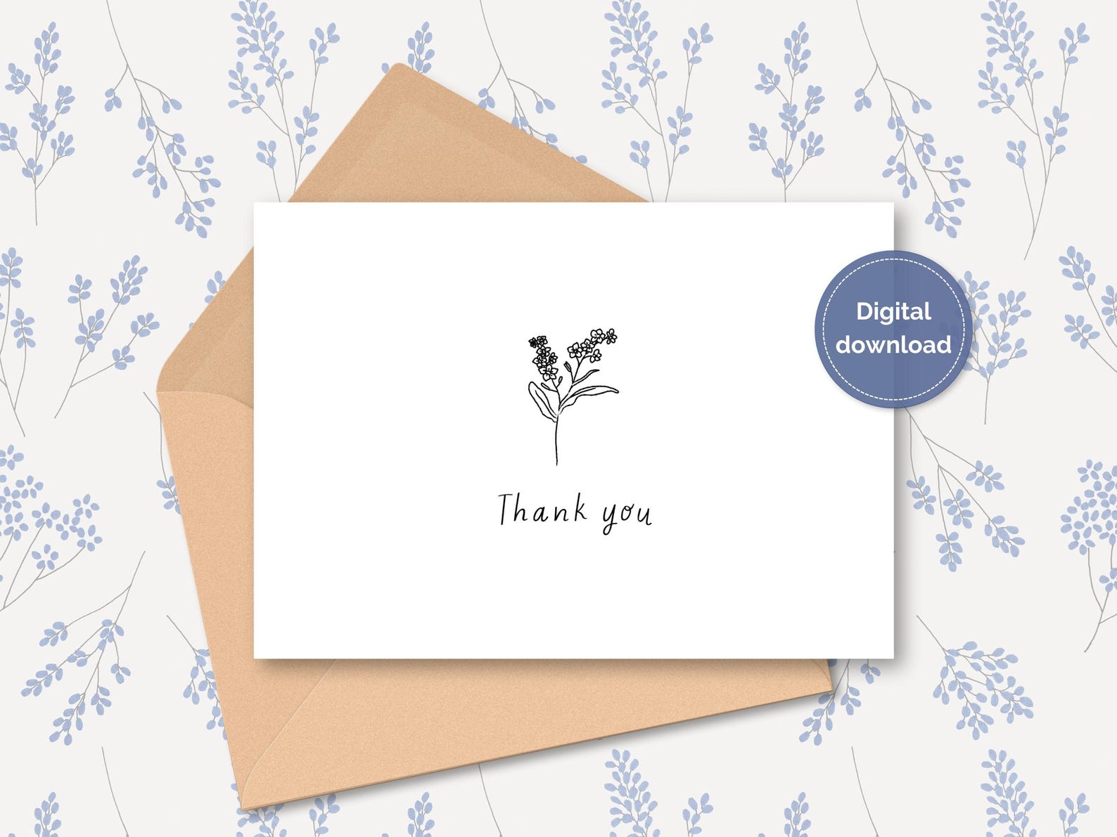Printable Forget-me-not Thank You Card, Minimalist Flower Card, Black ...