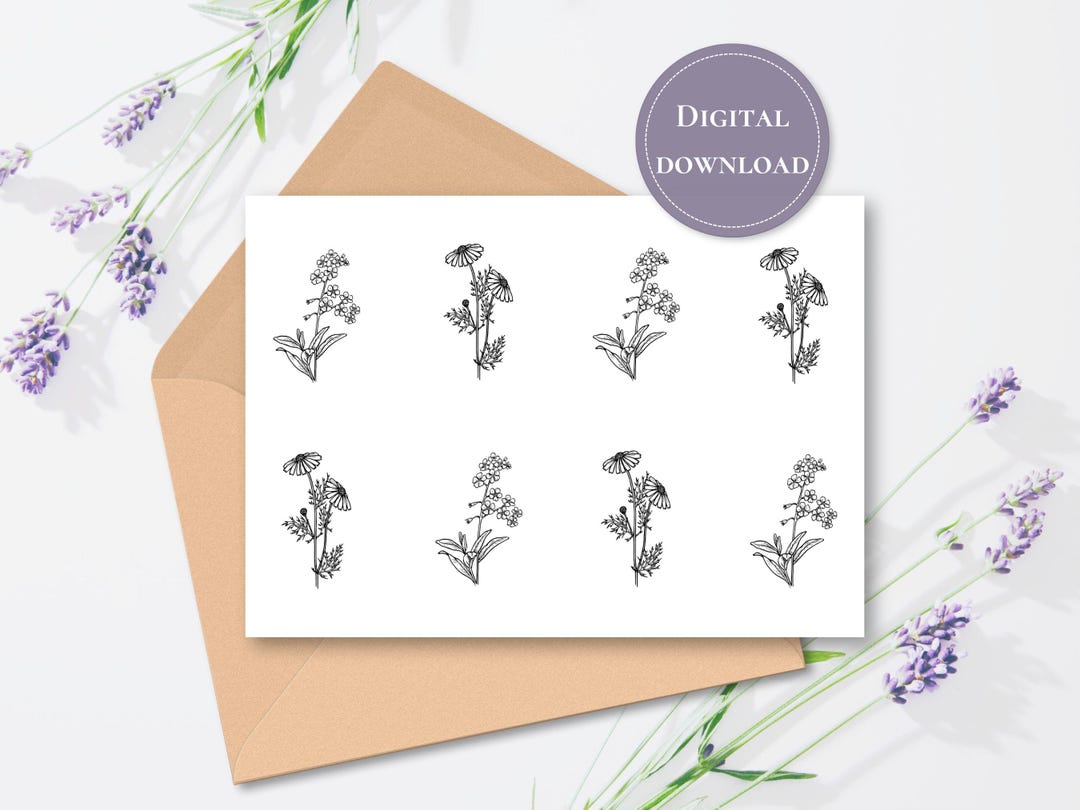 Botanical Note Card: Daisy & Forget-me-not Floral Print (digital ...
