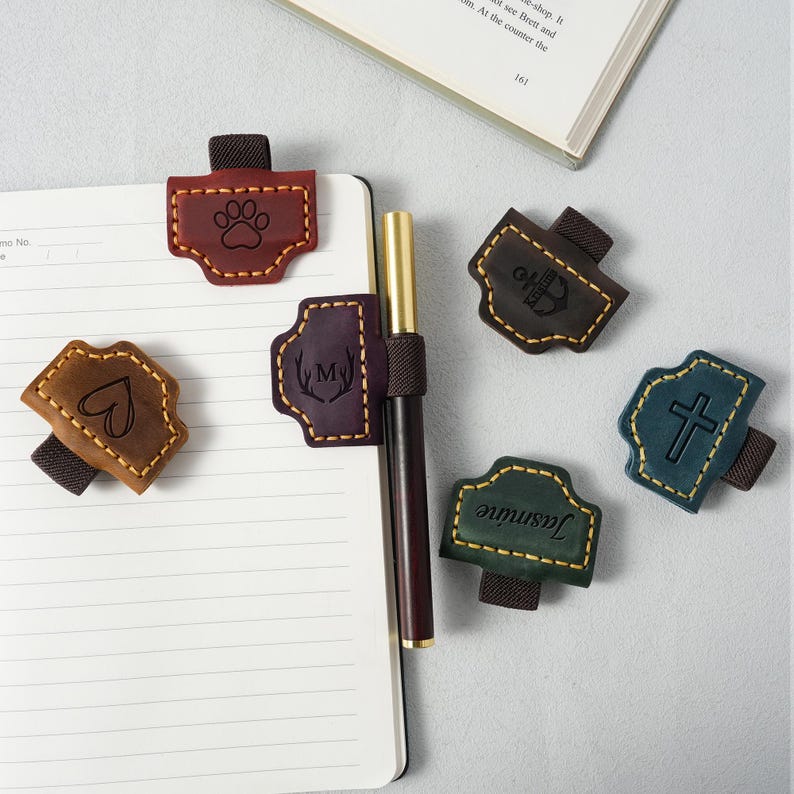 Custom Magnetic Leather Bookmark With Pen Holder, Engraved Bookmark ...