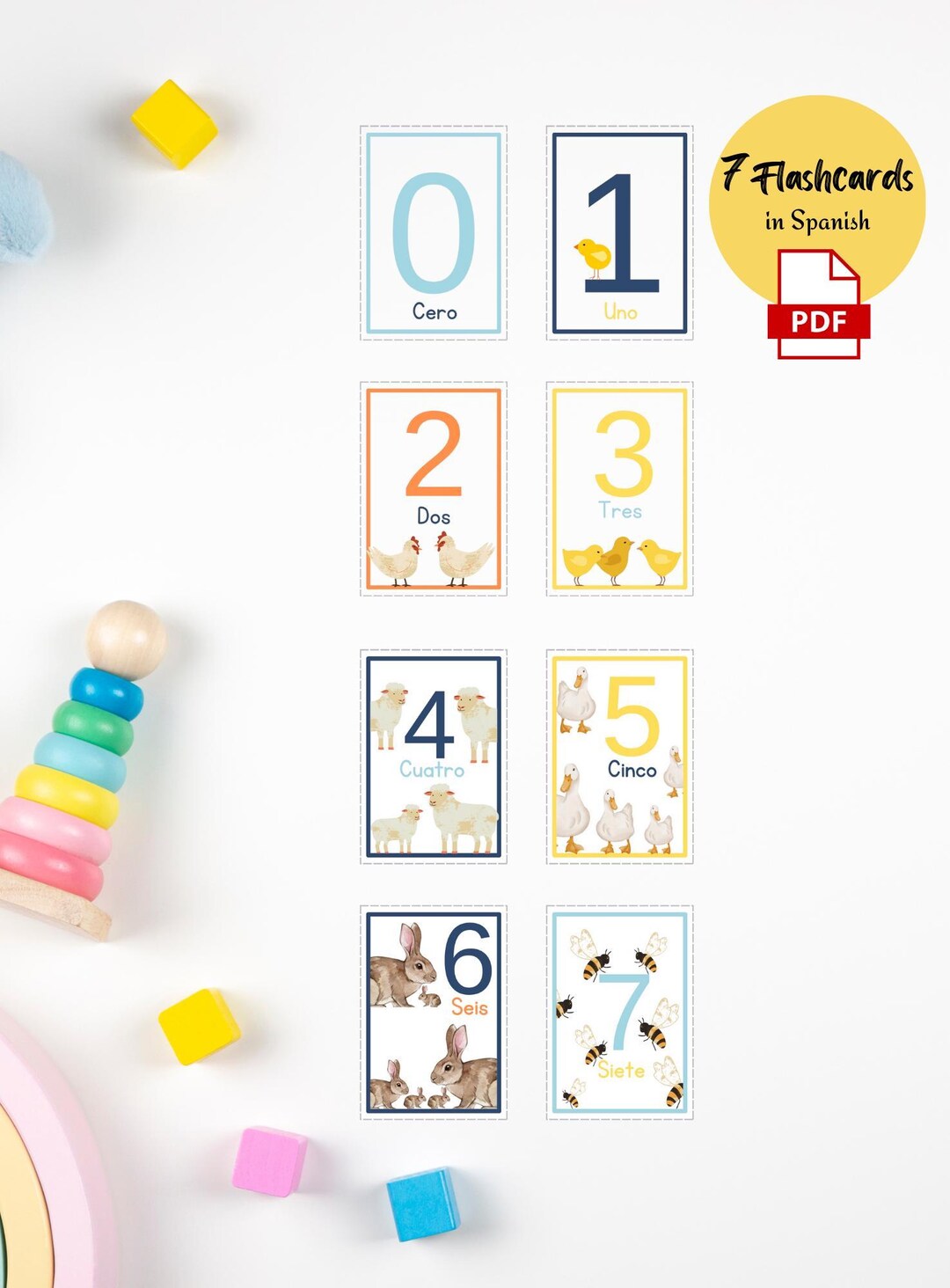 Spanish Numbers Flashcards | Printable PDF | 0-7 Animal Counting Cards ...