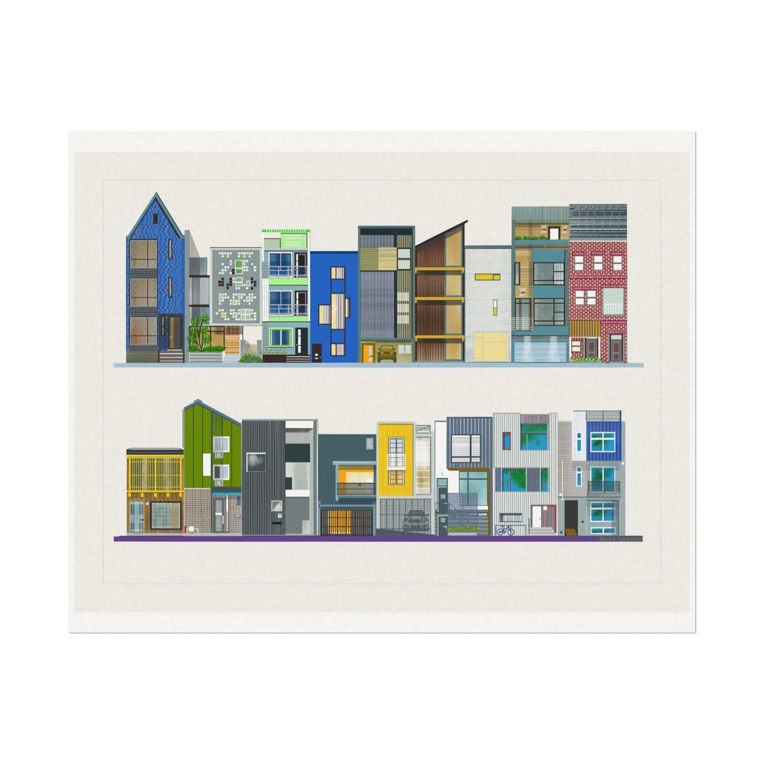Colorful Contemporary Row Houses Poster, Textured Watercolor Matte ...