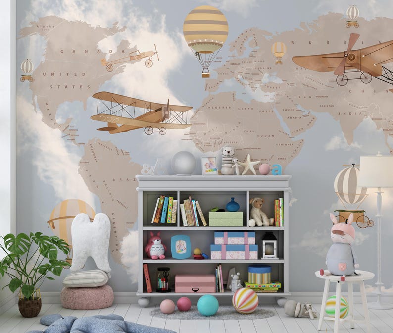 Personalized Vintage Airplane World Map Wallpaper, Custom Name Travel ...