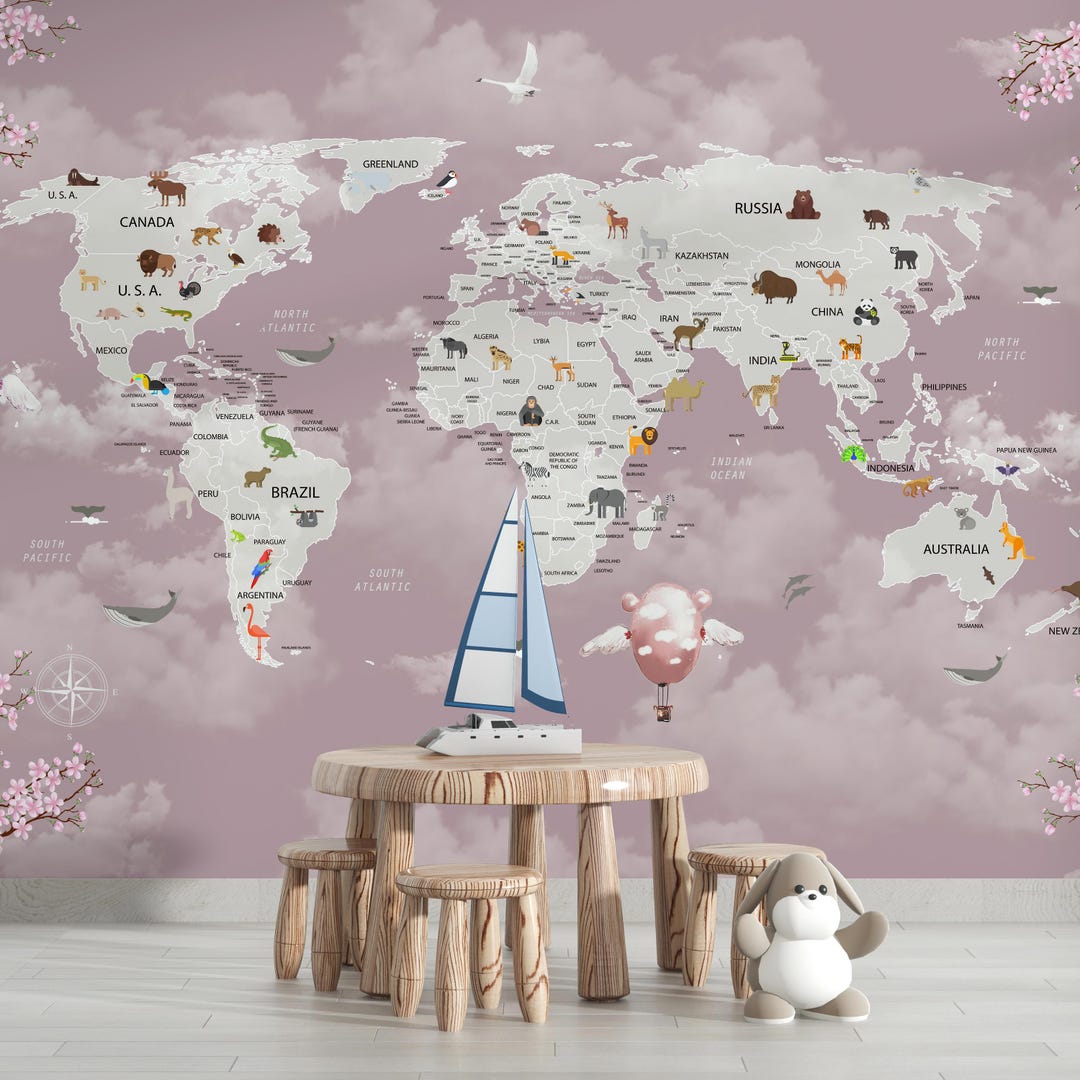 Personalized Whimsical World Map Wallpaper, Custom Name Animal & Floral ...