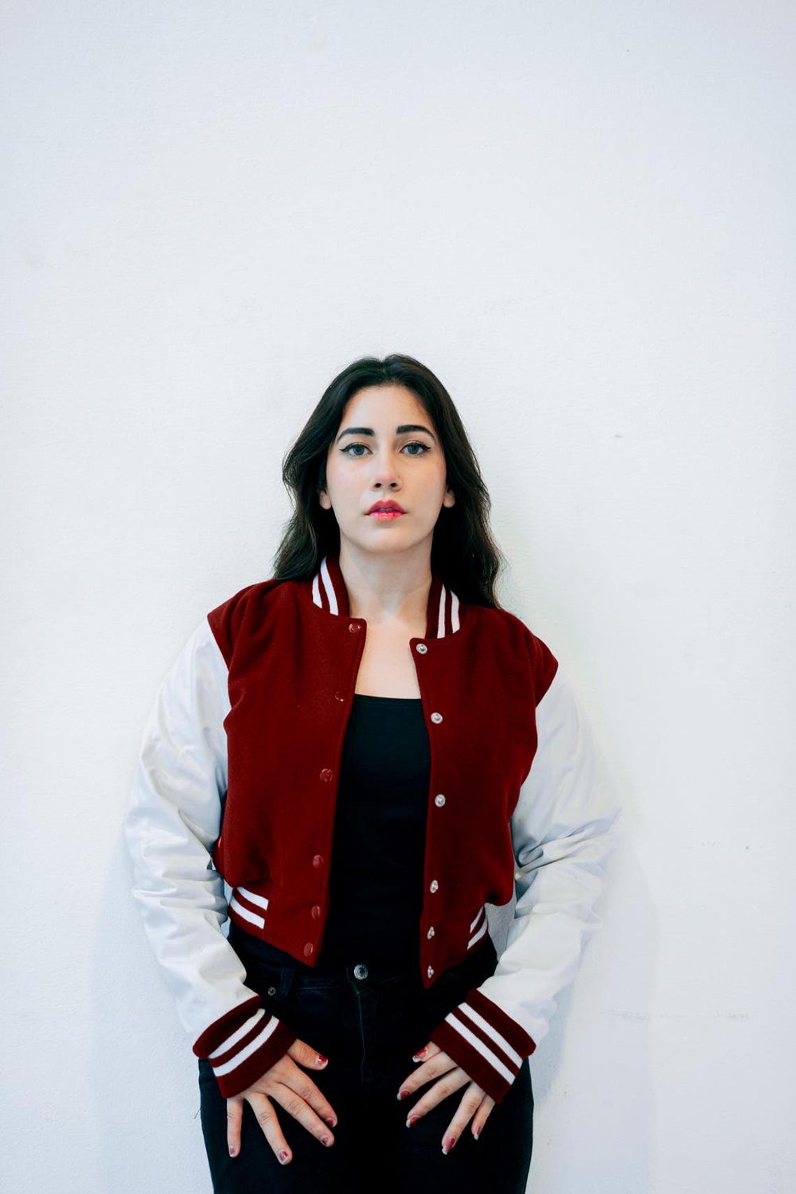Wool Crop Top Varsity Jacket: Maroon & White Leather Sleeve College ...