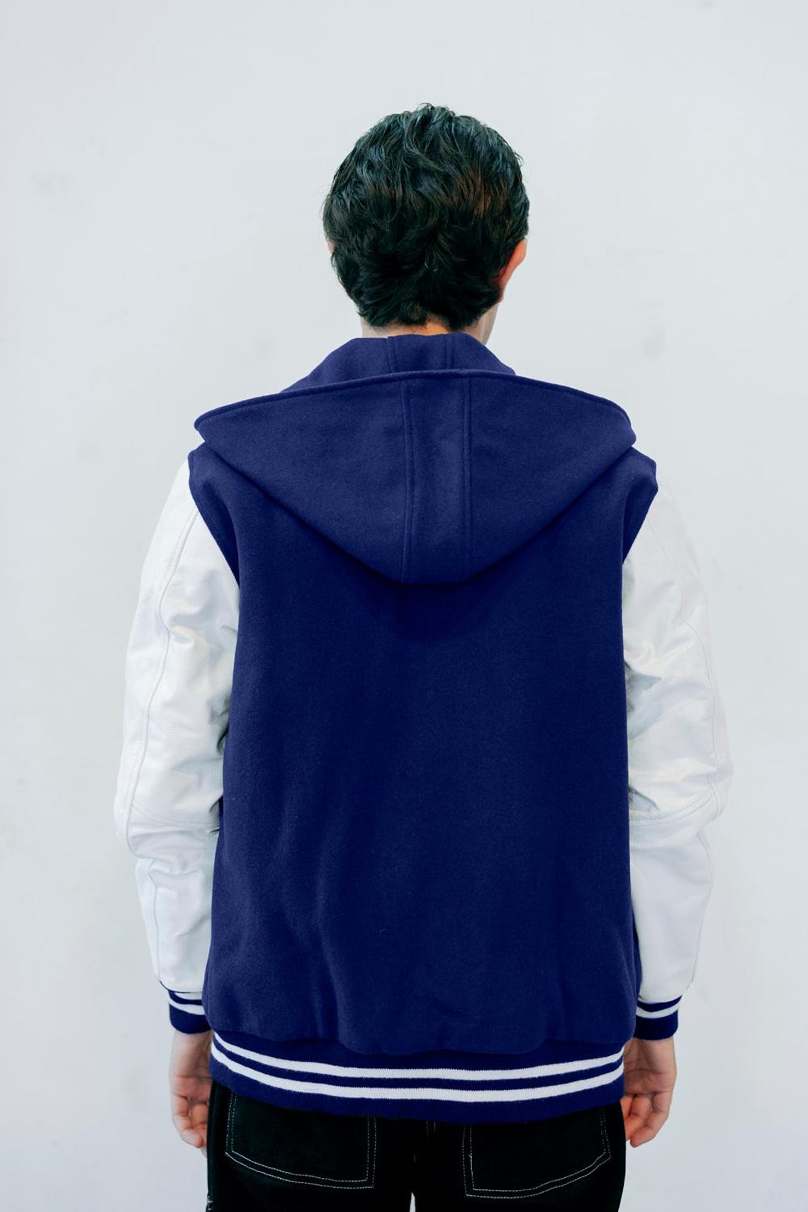 Blue & White Wool Hooded Varsity Jacket – Men’s College Style Outerwear ...