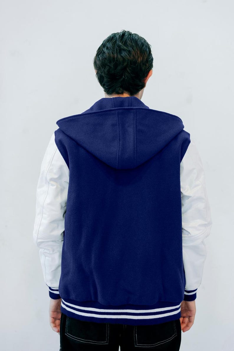 Blue & White Wool Hooded Varsity Jacket – Men’s College Style Outerwear ...