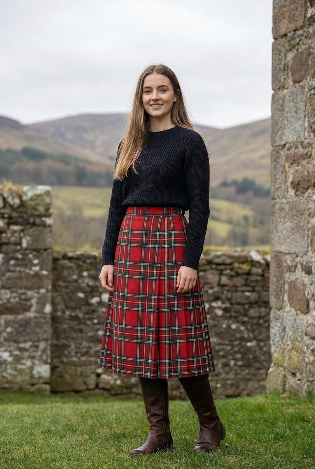 Red Tartan Pleated Midi Skirt for Women | High Waist Plaid Skirt ...
