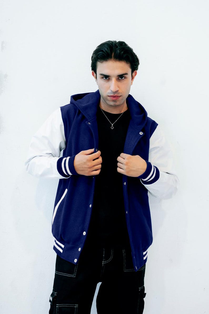 Blue & White Wool Hooded Varsity Jacket – Men’s College Style Outerwear ...