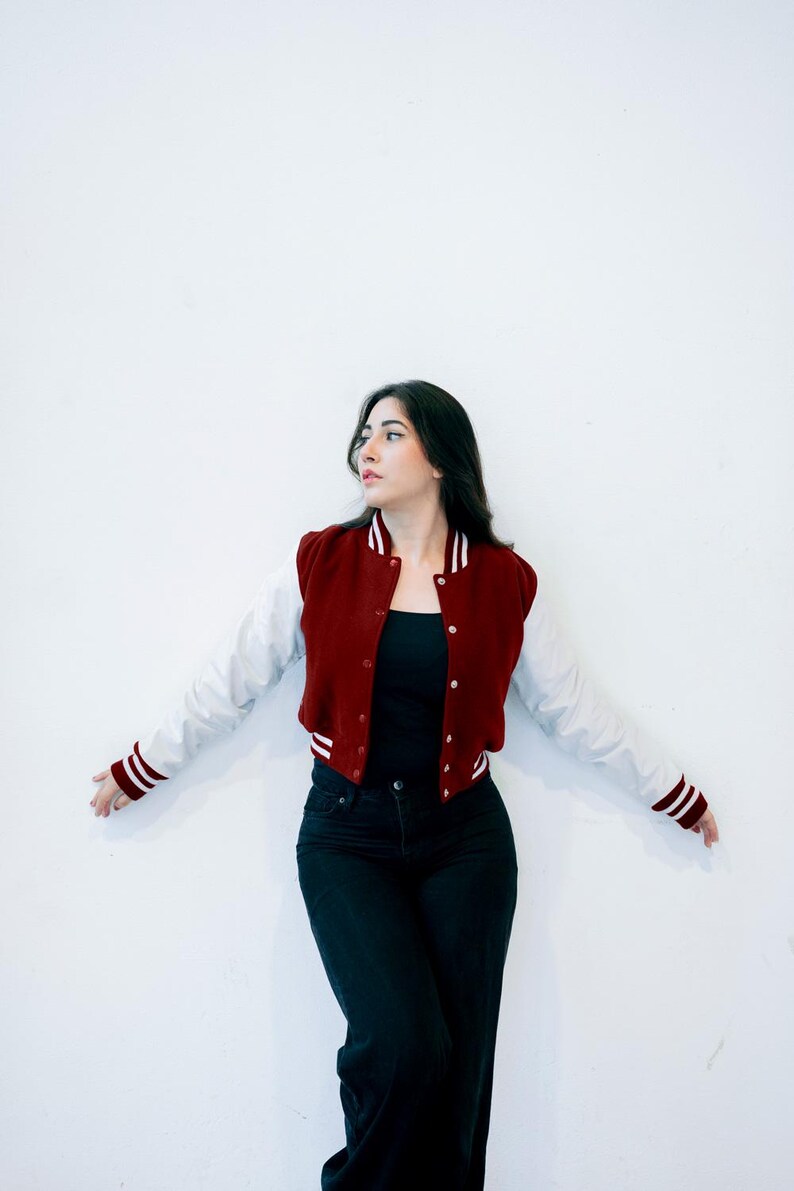 Wool Crop Top Varsity Jacket: Maroon & White Leather Sleeve College ...
