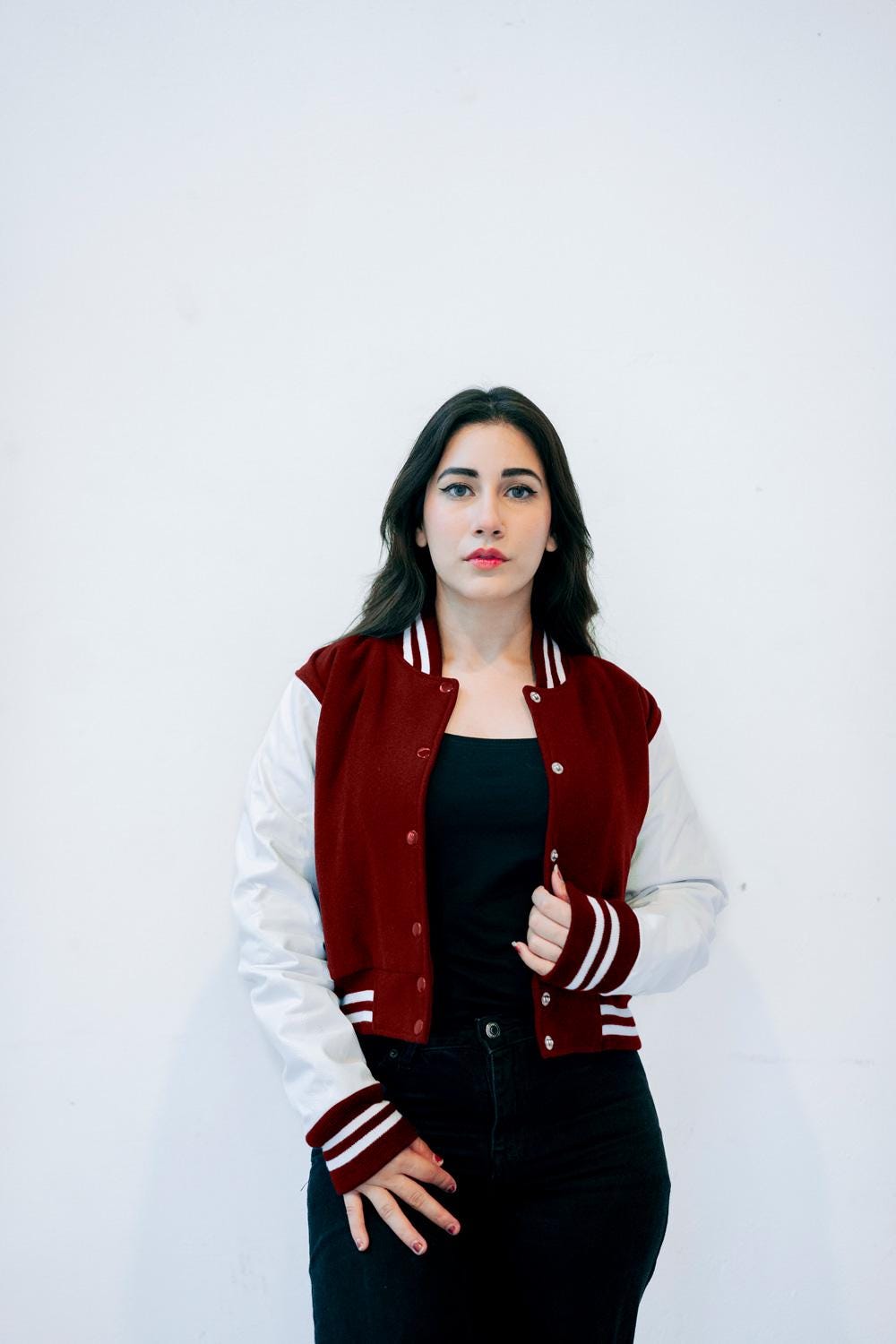 Wool Crop Top Varsity Jacket: Maroon & White Leather Sleeve College ...